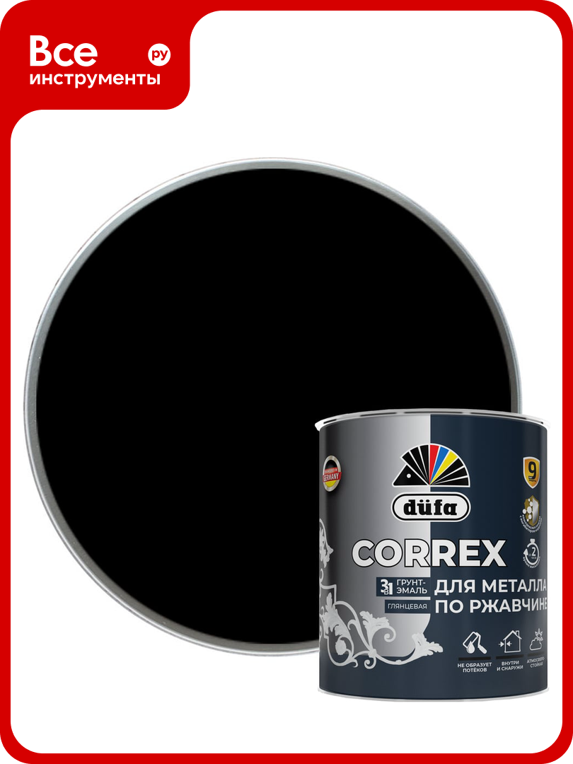 Грунт-эмаль Dufa CORREX 3 в 1 для металла по ржавчине RAL-9005 черный 0.75 л МП00-013659, металлический