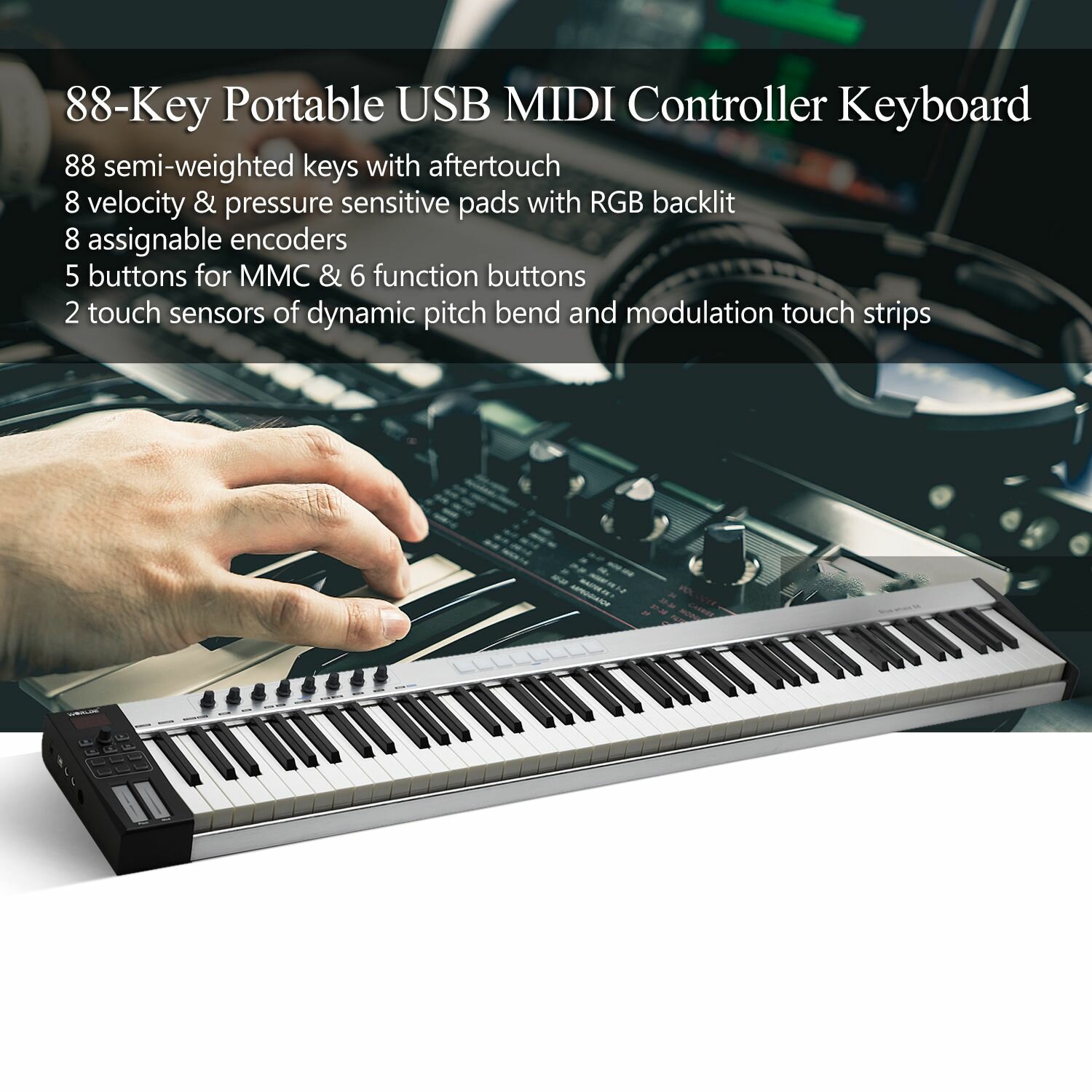 Портативная MIDI-клавиатура с 88 полувзвешенными клавишами и 8 триггерными пэдами