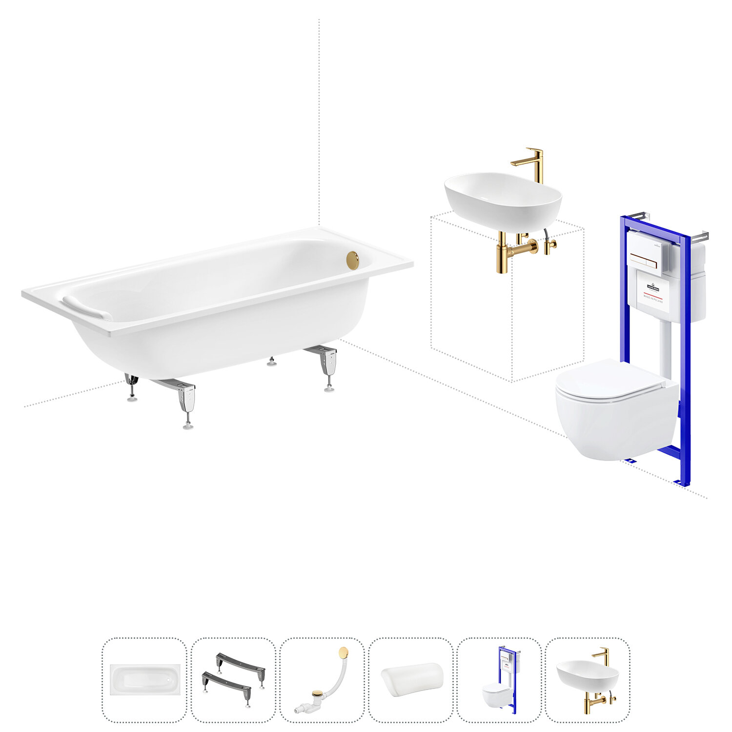 Стальная ванна 160х70 Sanitana BLB Europa 20220804R в наборе 6 в 1: металлическая ванна 160 х 70 см, ножки, слив-перелив, подголовник, инсталляция с унитазом, раковина с комплектом для подключения