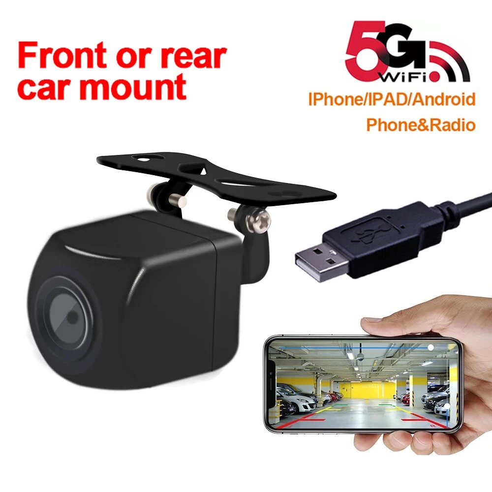 Автомобильная камера заднего вида 5G Wi-Fi HD ночного видения Беспроводная камера заднего вида с кабелем 5 В USB 12 В Поддержка мобильных телефонов Android IOS Front and rear view