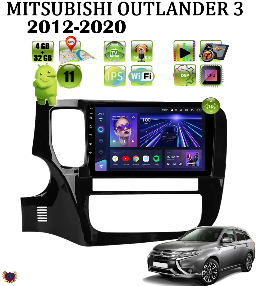 Автомагнитола для Mitsubishi Outlander 3 (2012-2020), Android 11, 4/32 GB, CarPlay, Bluetooth, WiFi, разделение экрана