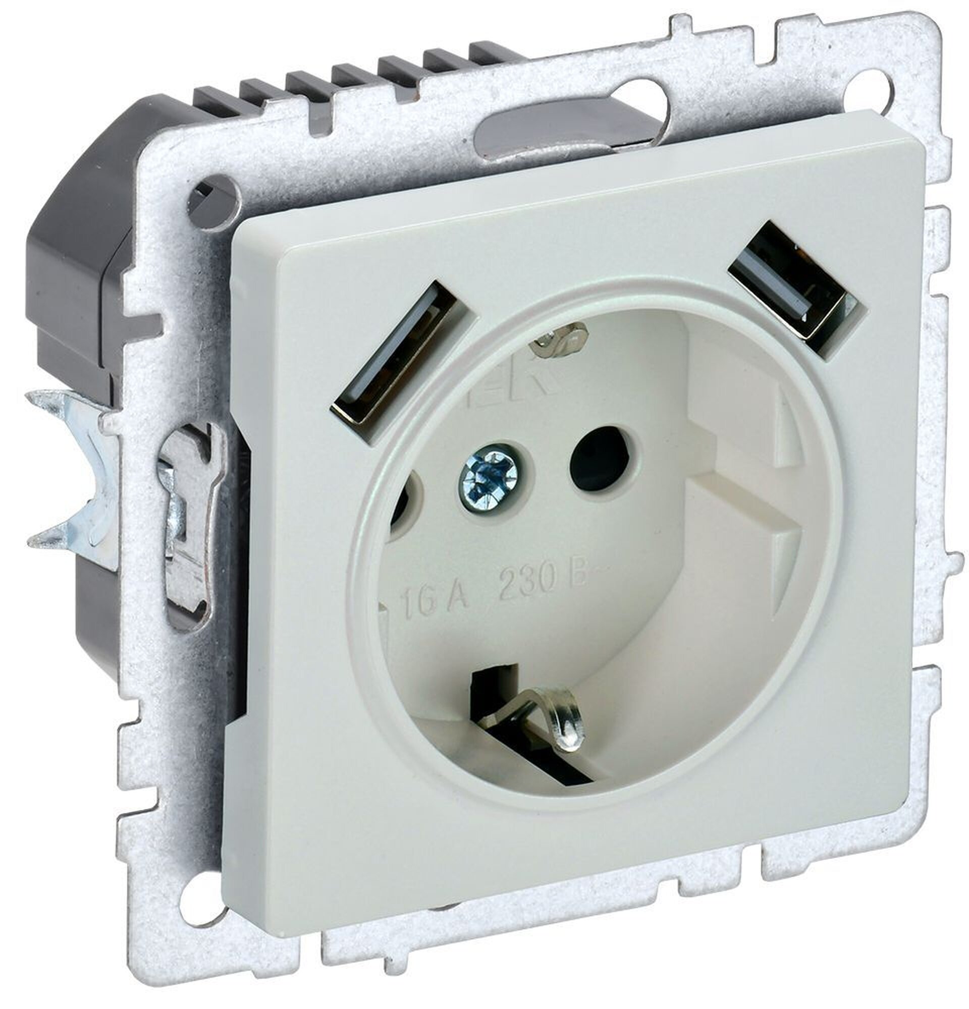 Розетка одноместная с заземлением с защитными шторками с USB РЮш10-1-БрЖ 16А A+A 5В 2,1А IEK серия BRITE