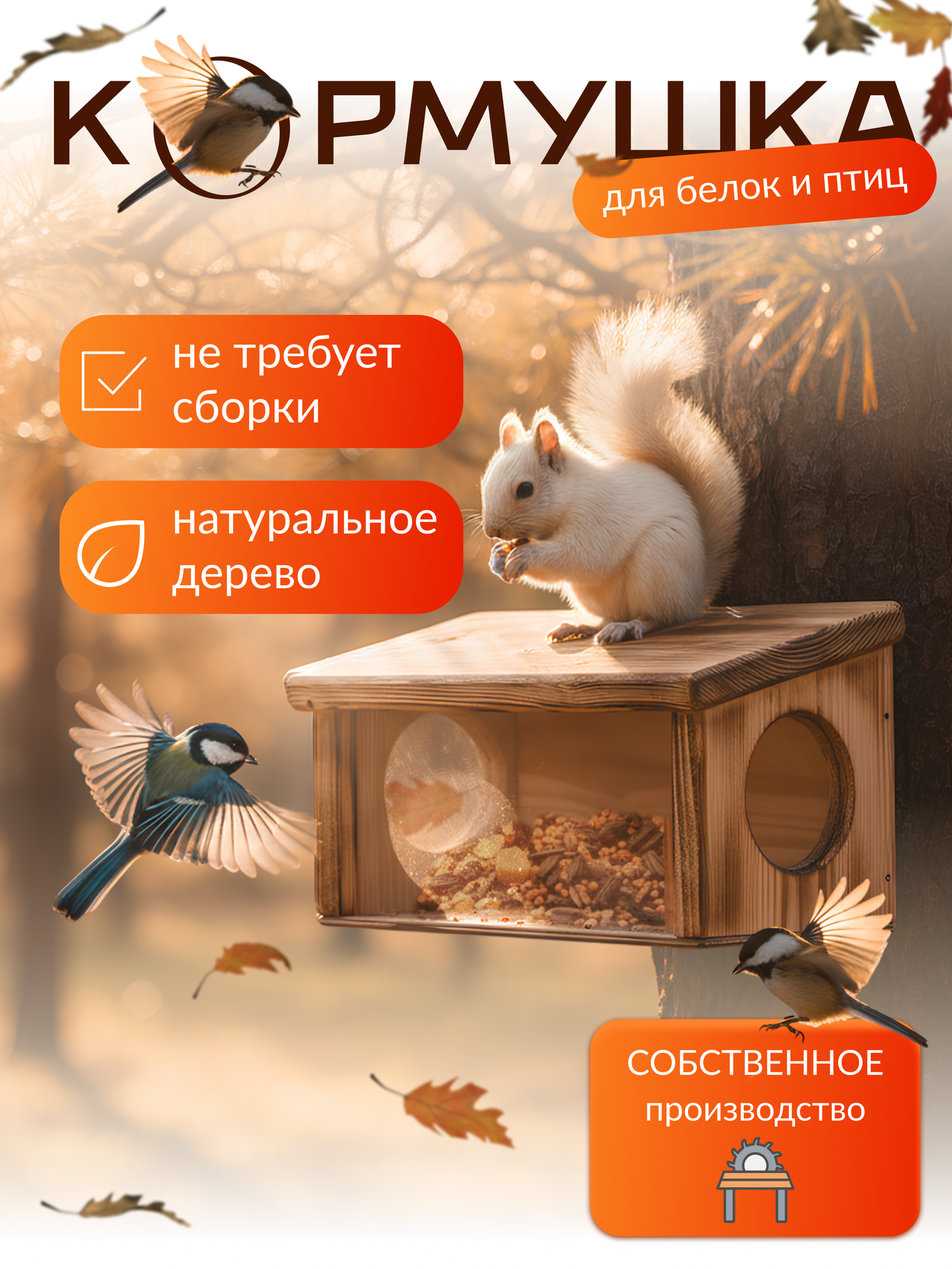 Кормушка для белок и птиц уличная Petrov Home из натурального дерева