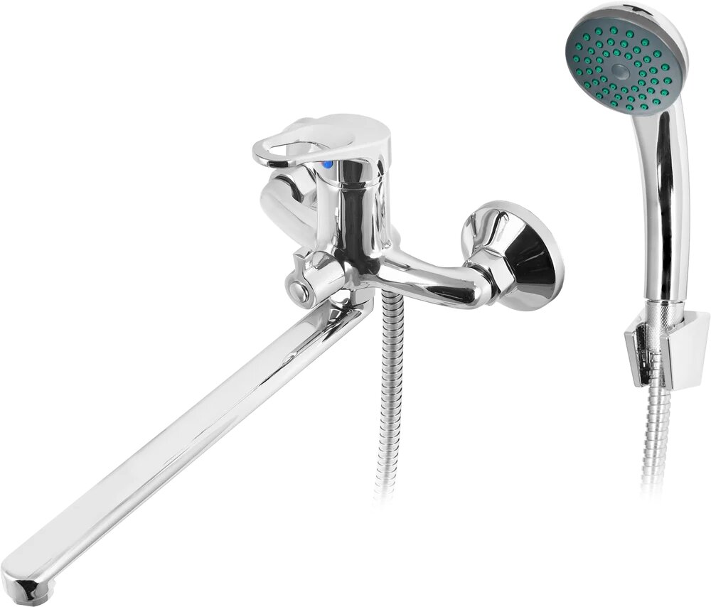 Смеситель с длинным изливом для ванны Wisent WP22028 с душевым гарнитуром, поворотный, металлический, хром, глянцевый, смеситель для ванны с душем, рычажный, с настенным держателем