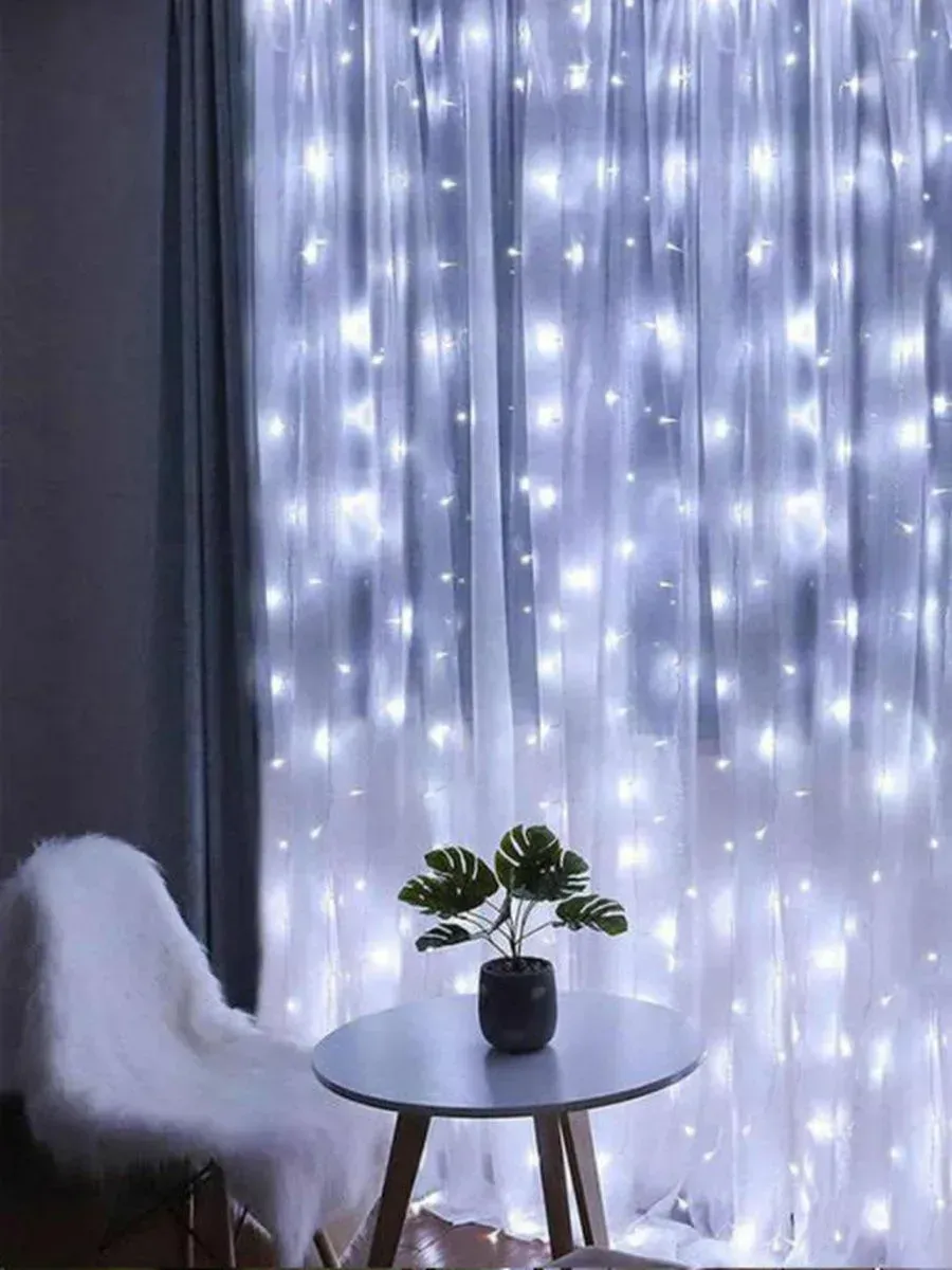 Гирлянда штора на окно светодиодная, новогодняя гирлянда занавес на окно GCL CH-7019, холодный белый, 1.5х1.5 м, прозрачный провод, контроллер