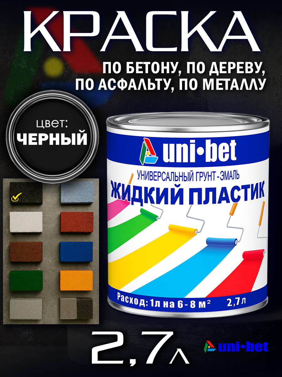 Краска для бетона металла дерева асфальта 2,7л черный грунт эмаль UNI-BET