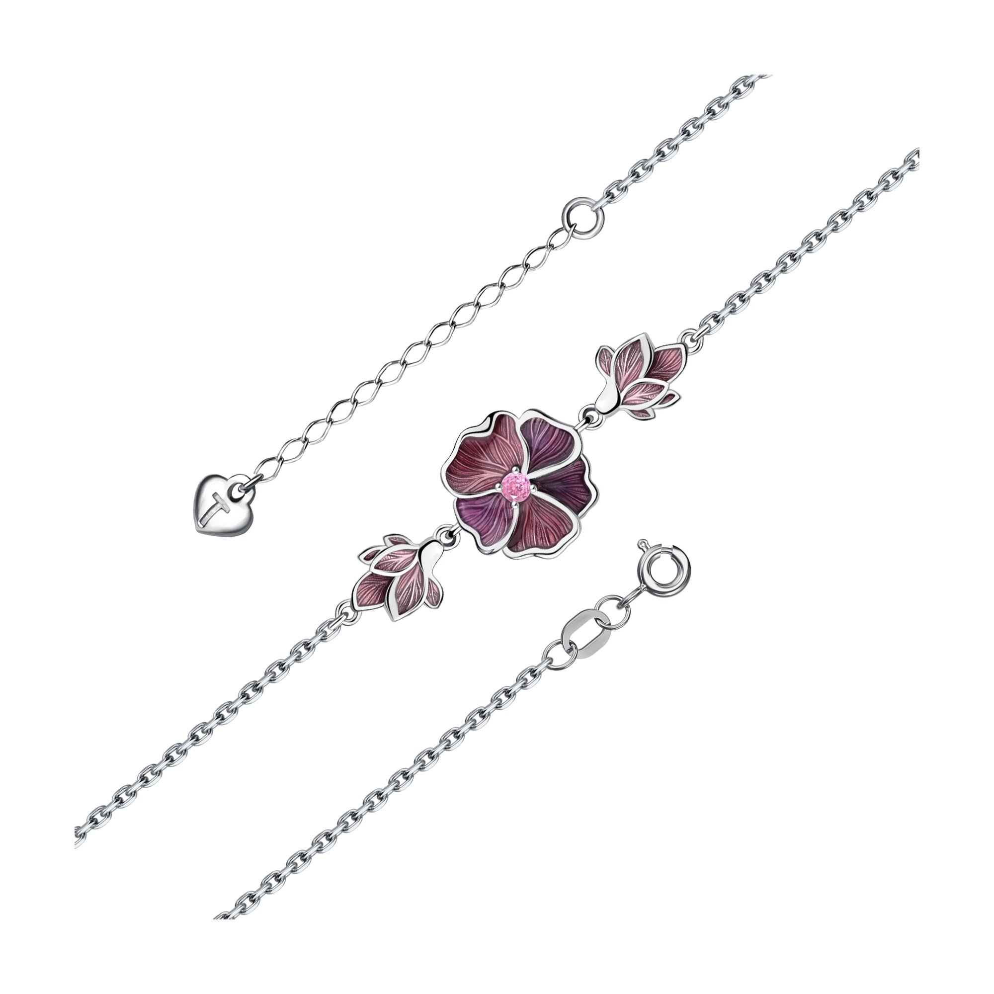 Браслет-цепочка, серебро, 925 проба, родирование, фианит, эмаль