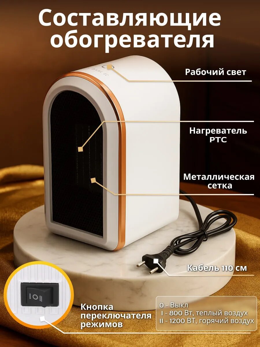 Мини-обогреватель, напольный/настольный, карбоновый, 2 режима, 800/1200Вт, чёрный — фото 1