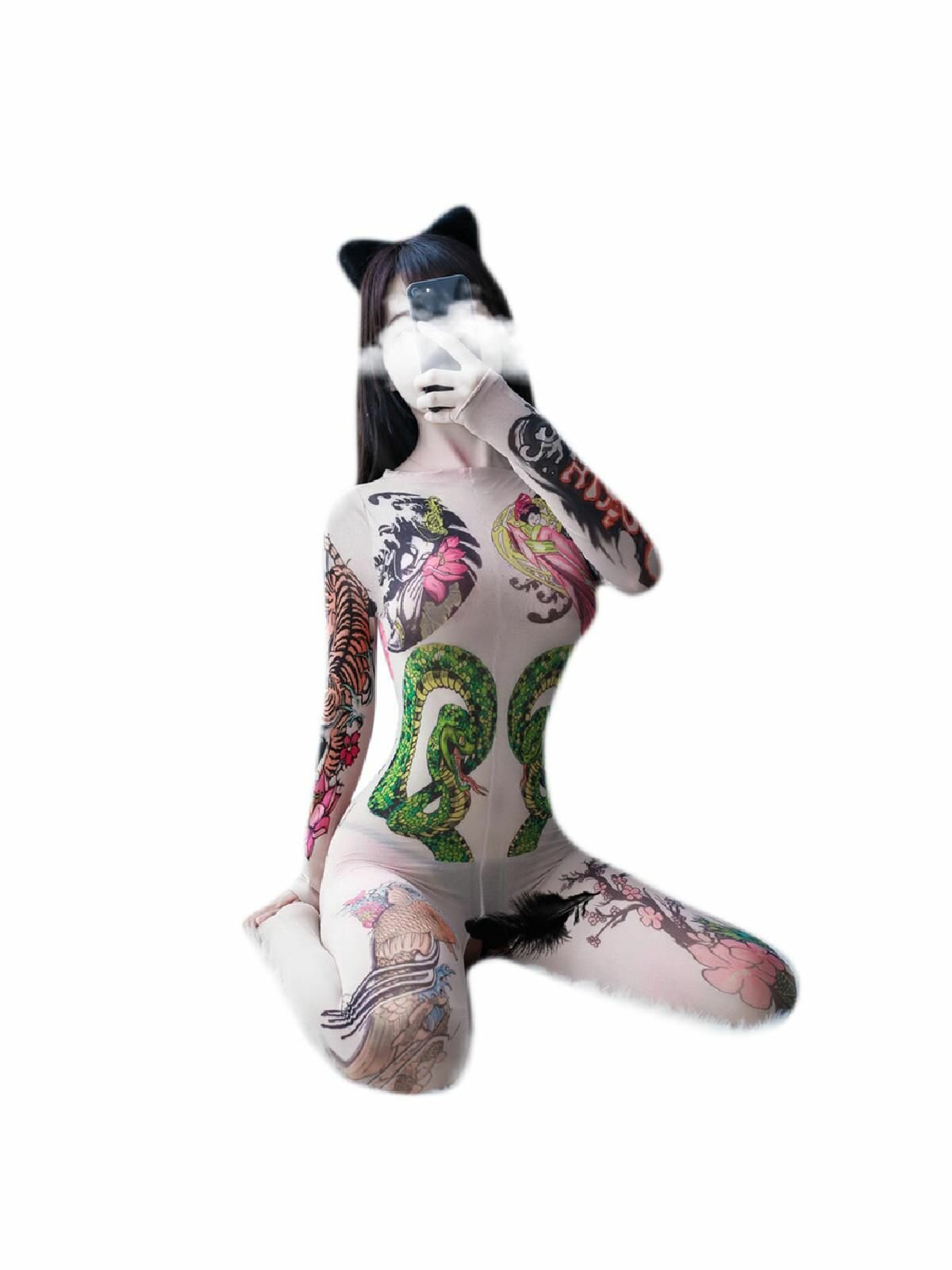 Женская сексуальная татуировка с длинными рукавами и открытым файлом, цельные сексуальные чулки