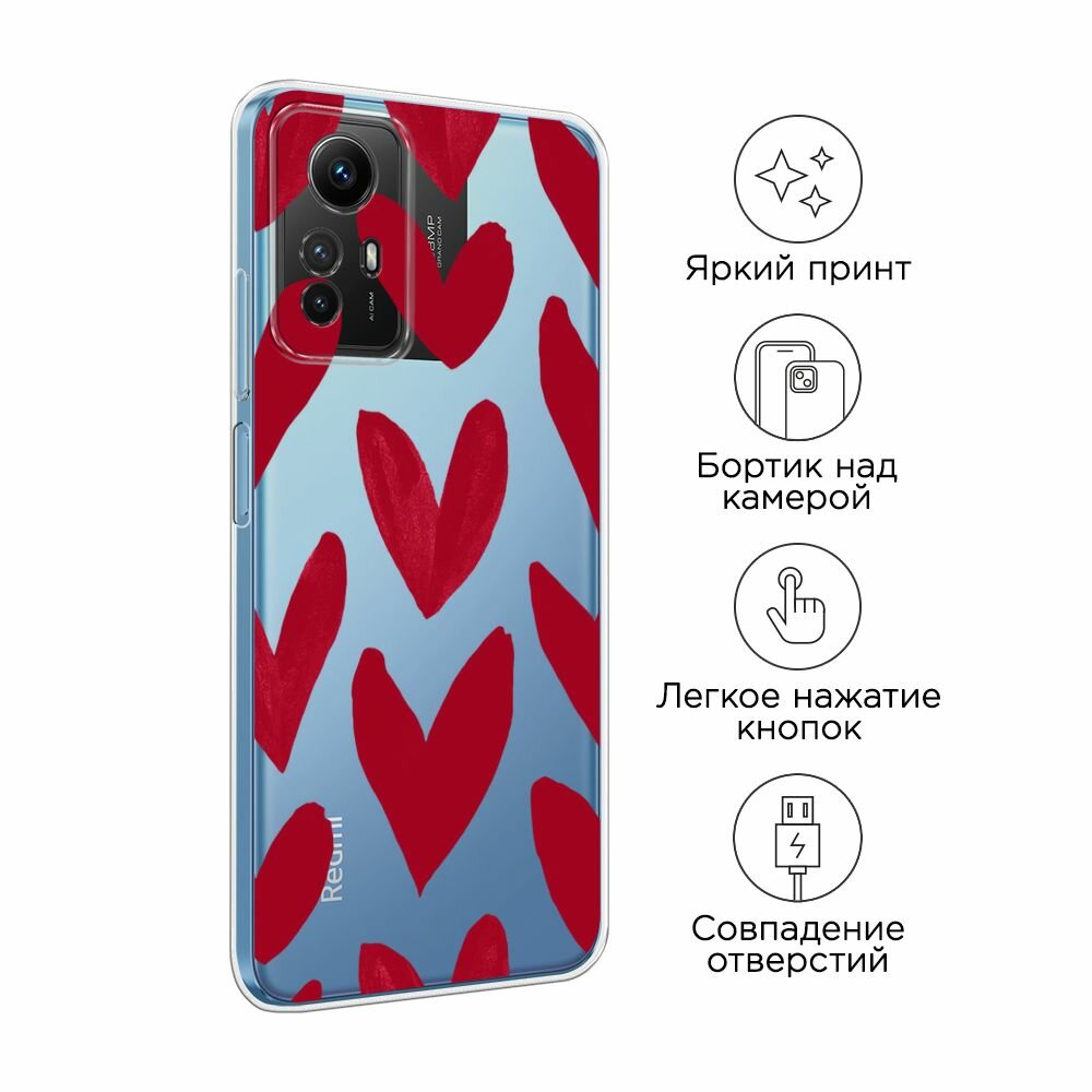 Чехол на Xiaomi Redmi Note 12S / Сяоми Редми Ноут 12S с принтом "Красные сердечки рисунок - 14 февраля", прозрачный — фото 1