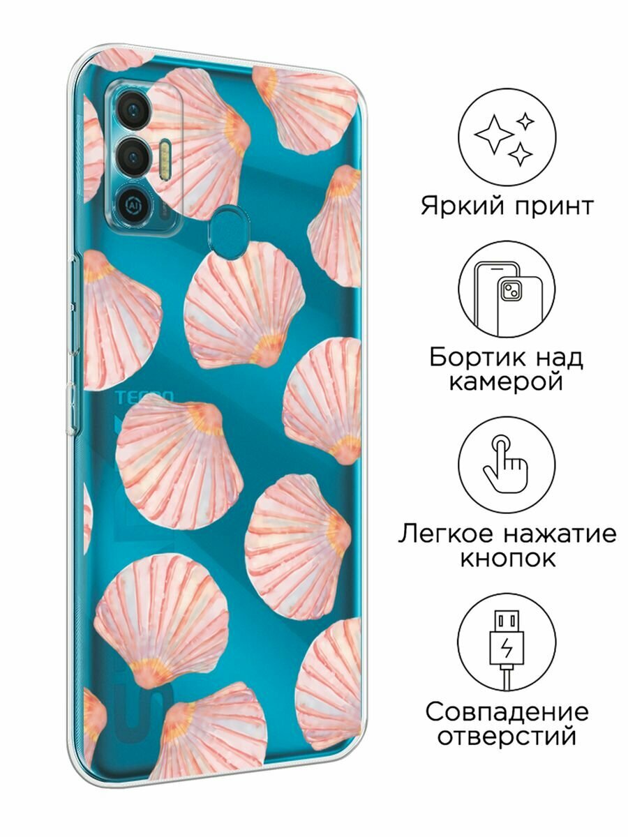 Чехол на Tecno Spark 7 / Техно Спарк 7 с принтом "Ракушки паттерн", прозрачный — фото 1
