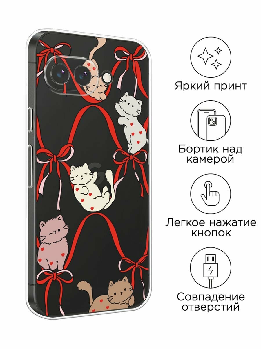 Чехол на Google Pixel 9a / Гугл Пиксель 9a с принтом "Котики в ленточках 2", прозрачный — фото 1