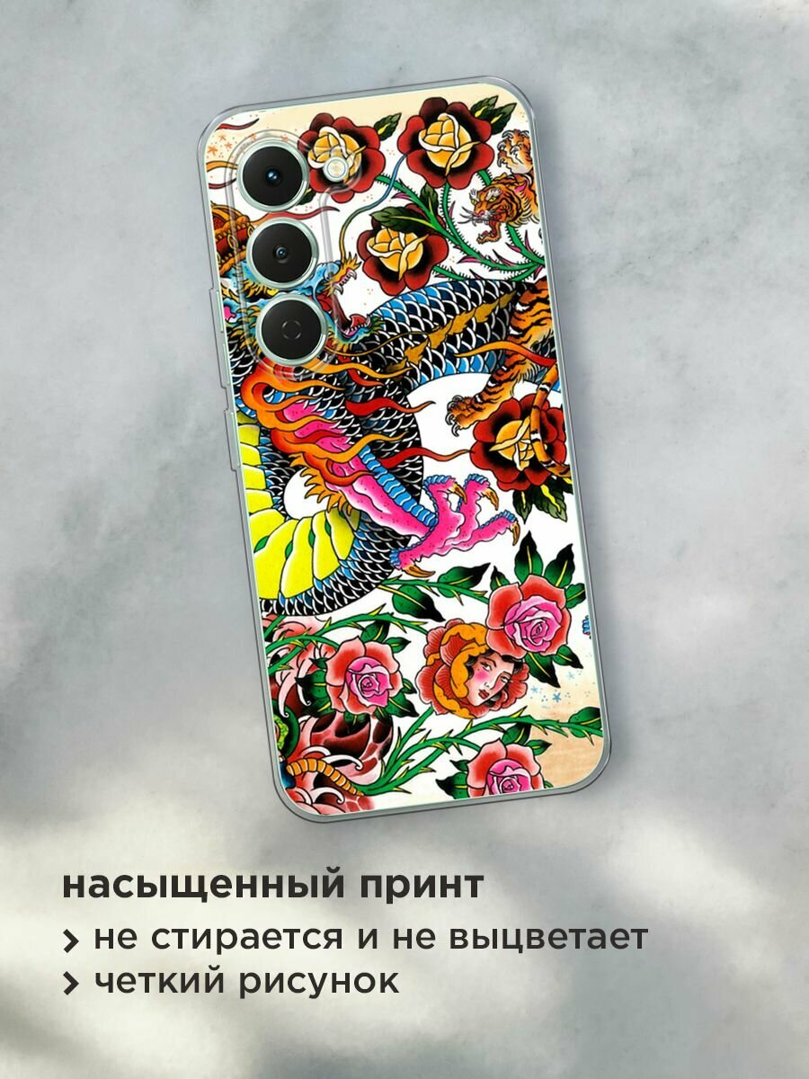 Чехол на Tecno Spark 40 Pro / Текно Спарк 40 Про с принтом "Дракон в цветах" — фото 1