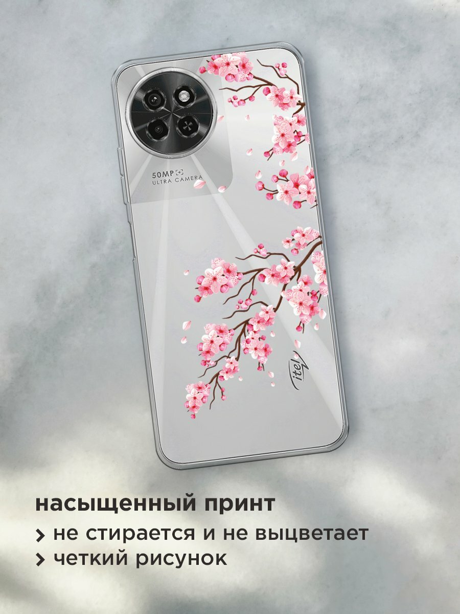 Чехол на Itel S23 / Ител S23 с принтом "Цветущая ветка сакуры рисунок", прозрачный — фото 1
