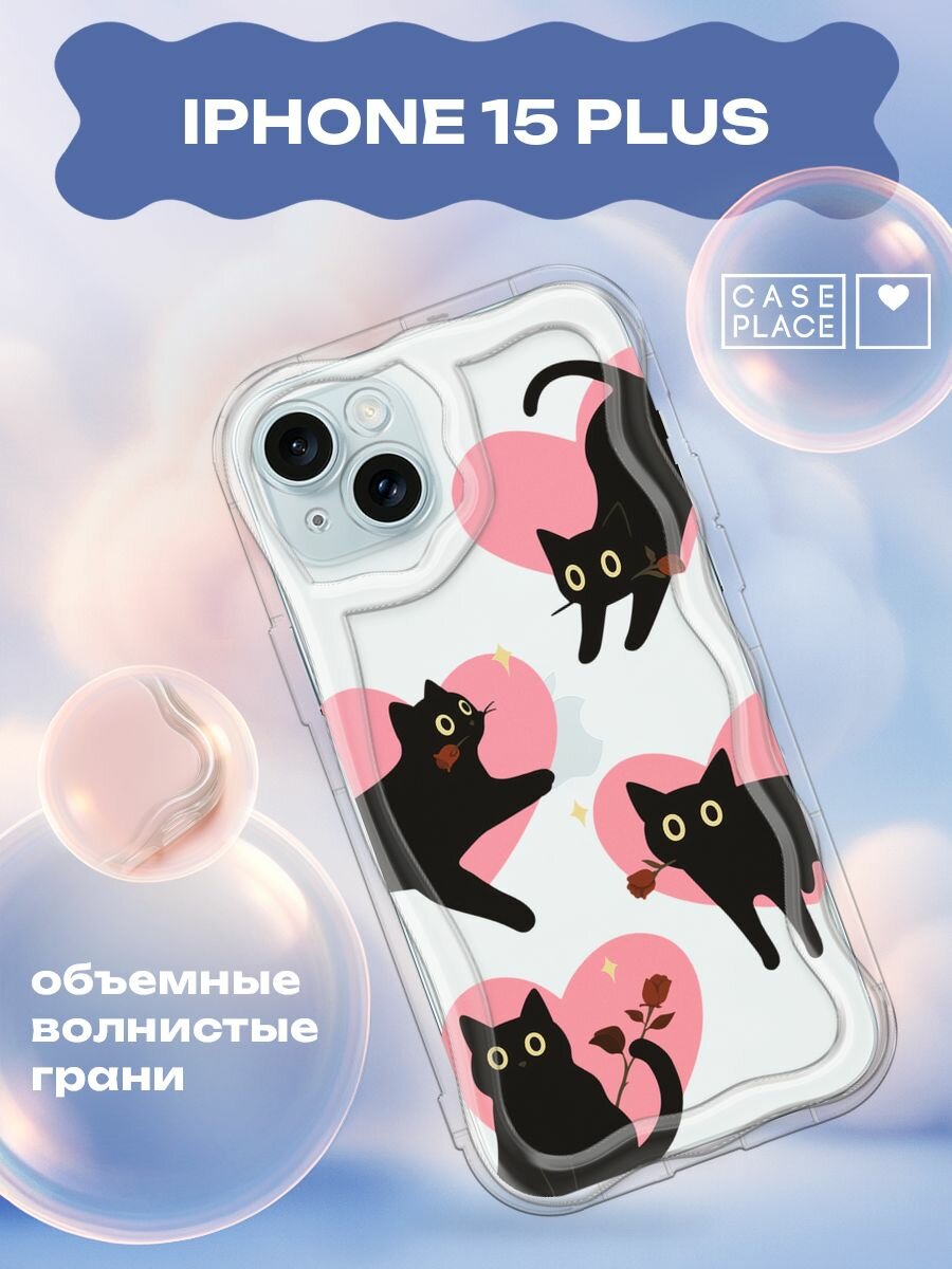 Чехол на Apple iPhone 15 Plus / Айфон 15 Плюс с принтом "Котики с розой"