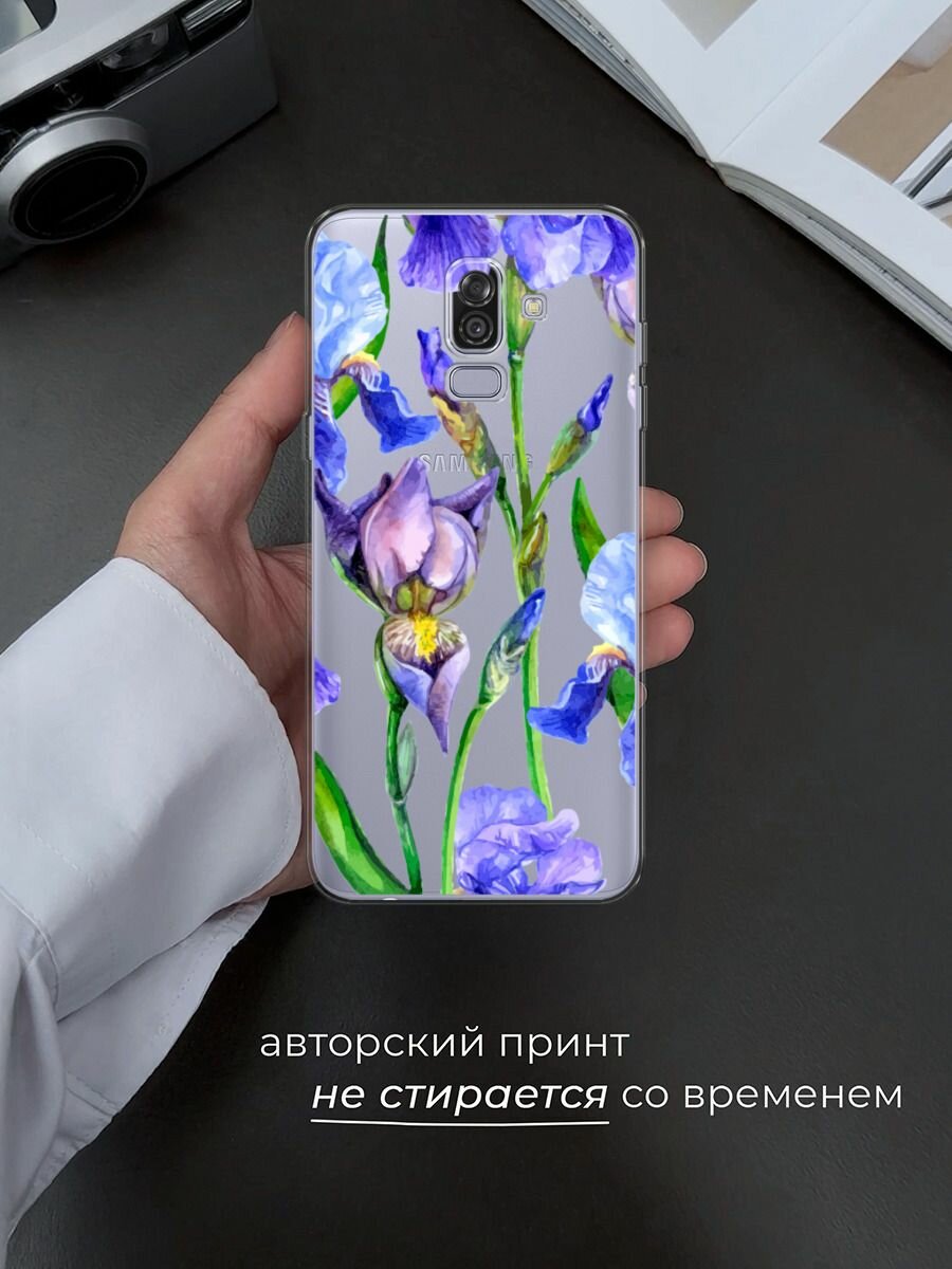 Чехол на Samsung Galaxy J8 / Самсунг Галакси Джей 8 с принтом "Синие ирисы", прозрачный — фото 1