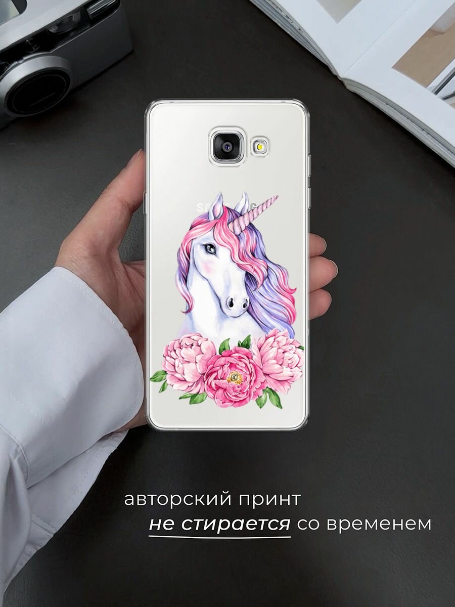 Чехол на Samsung Galaxy A5 2016 / Самсунг Галакси А5 2016 с принтом "Единорог с пионами", прозрачный — фото 1