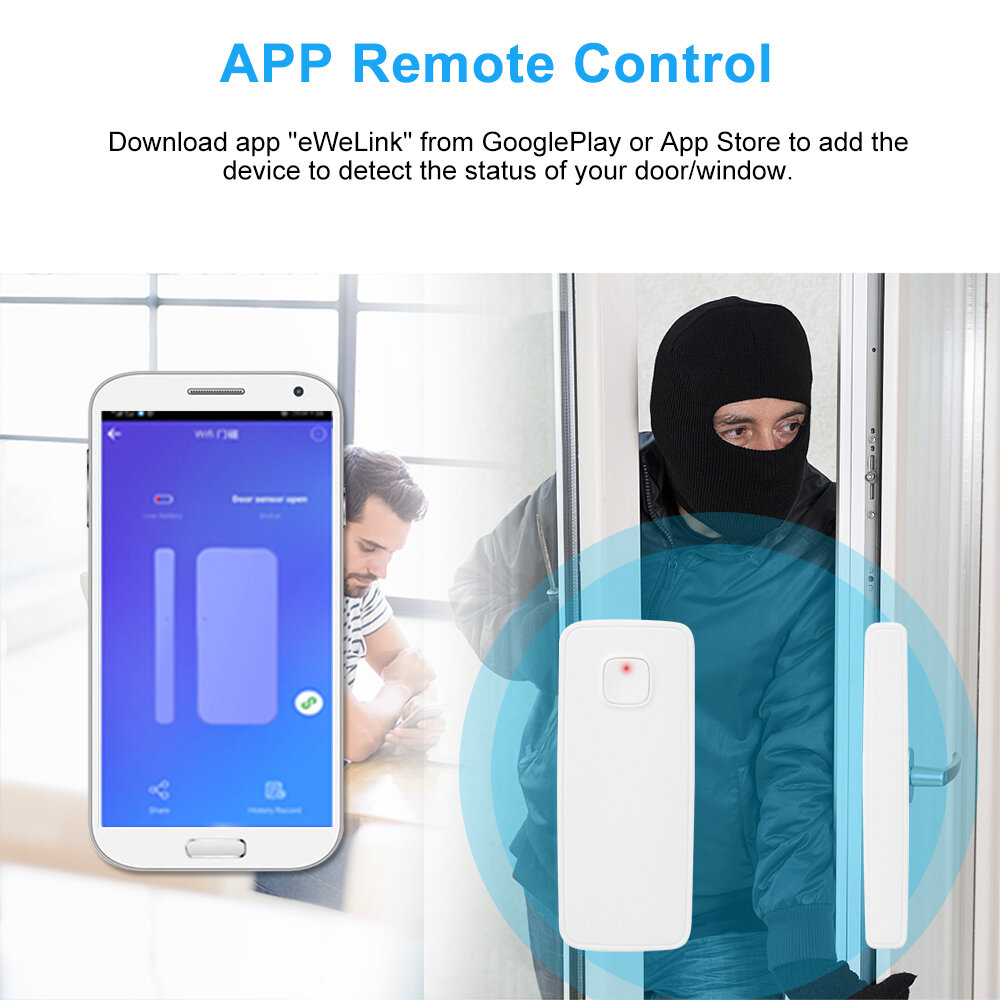 Беспроводной датчик открытия дверей eWeLink (Wi-Fi/BT), магнитный контакт, управление через приложение