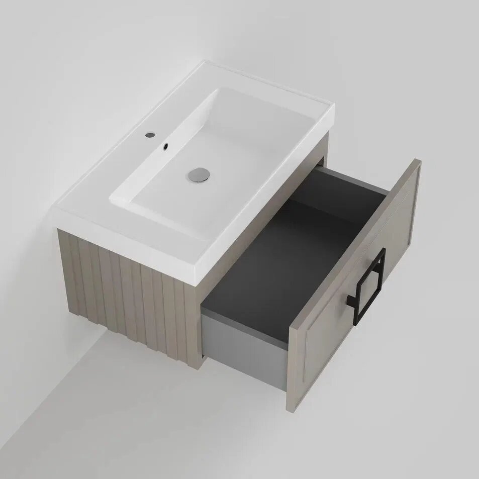 Тумба под раковину La Fenice CUBO Cappuccino бежевая матовая 80 см Черная ручка