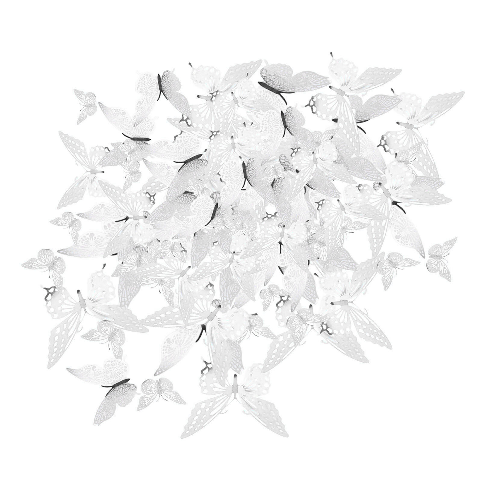 Набор 72 наклеек-бабочек 3D разного размера 12/10/8 см с ажурным дизайном, серебристые декоративные элементы для стен, легко крепятся и очищаются