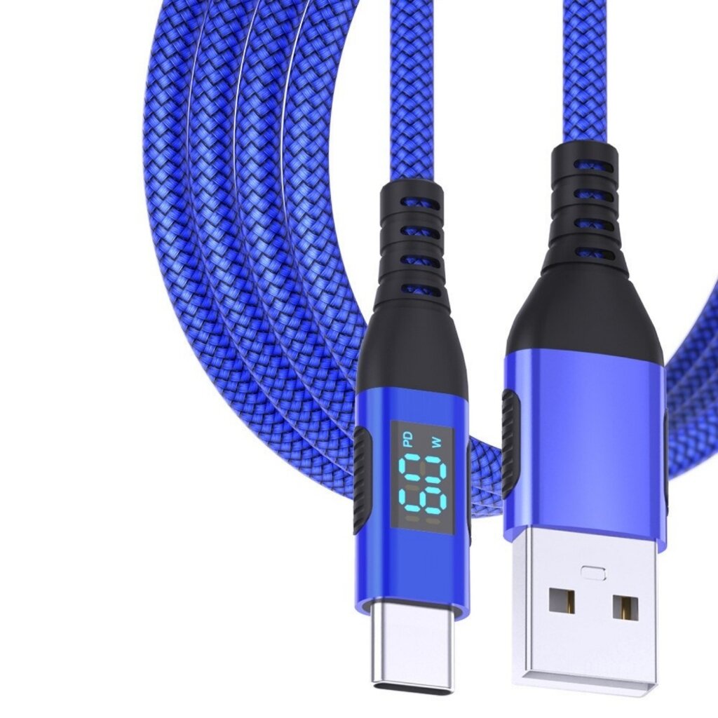 Кабель для передачи данных usb C цифровым дисплеем для быстрой зарядки мощностью 60 Вт-синий