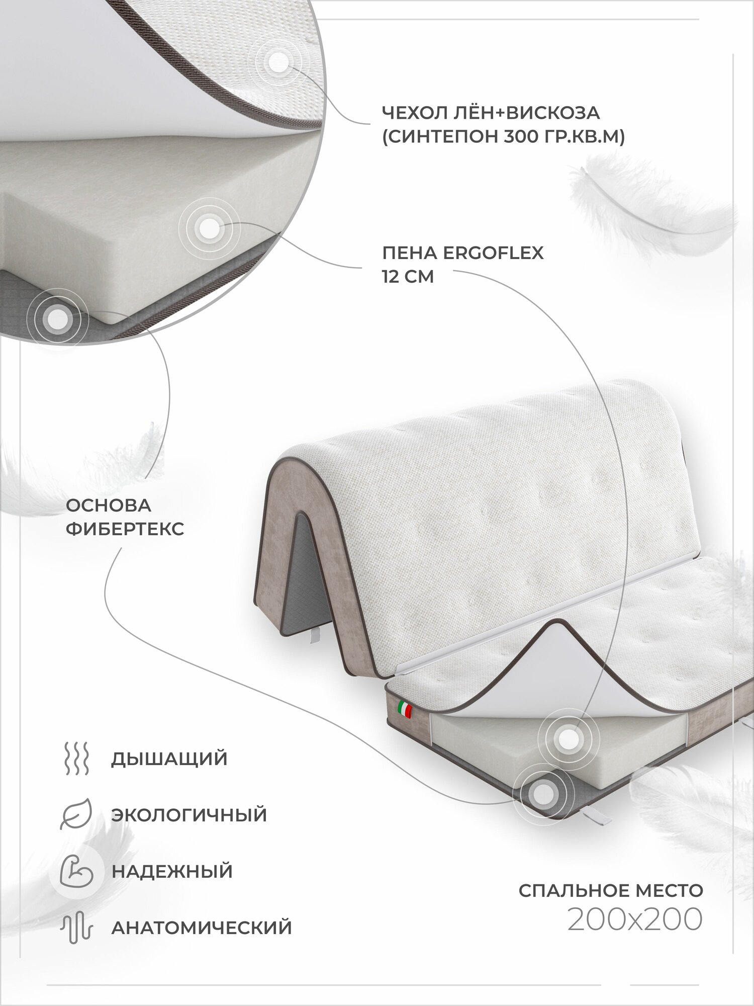 Матрас для дивана аккордеон 200х140х12,200х60х12 см.(200х200х12), анатомический Пиапал, беспружинный