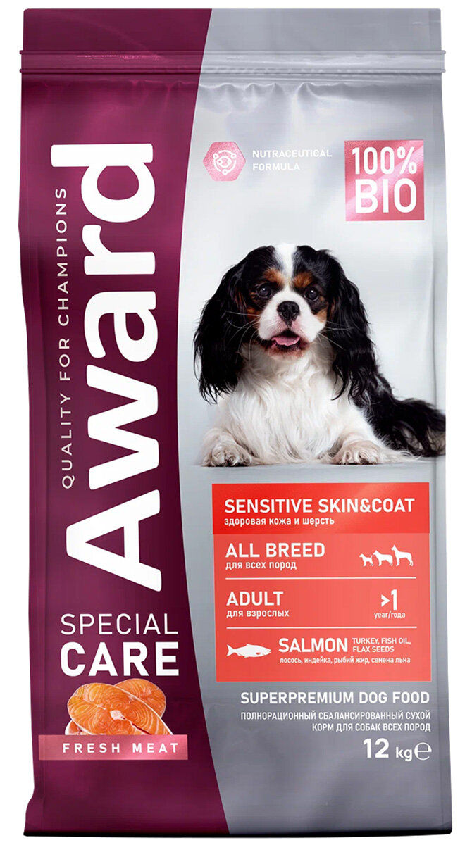 Сухой корм Award Special Care Sensitive Skin & Coat для взрослых собак для кожи и шерсти, лосось, 12 кг