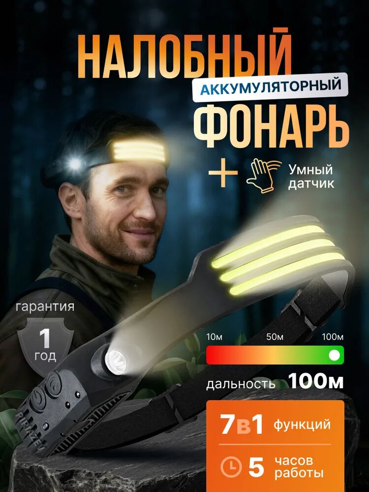 Фонарик налобный аккумуляторный светодиодный мощный лазерный фонарь