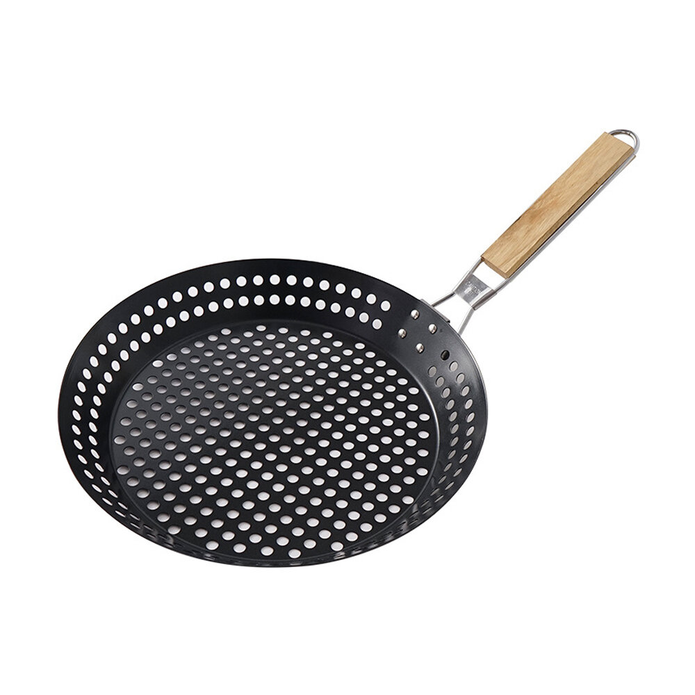 Outdoor Folding Round Barbecue Tray Ovenware Picnic BBQ Non-stick Frying Pan Round Baking Pan Holes Grill Tray Plate черный 530*305*35mm 608g 1шт Material iron+wood