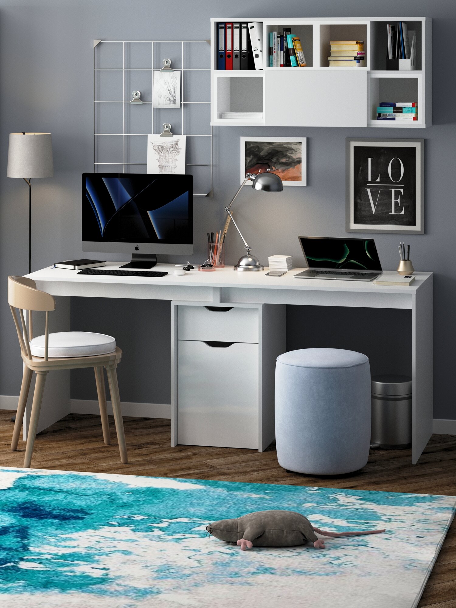 Есэндвич Grand Лаворо 6 Письменный стол для двоих, двойной, с тумбой 180х60х75 см (Белый/Белый глянец)