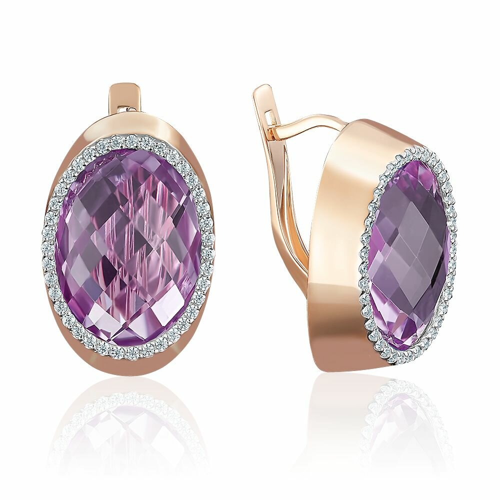 Серьги, красное золото, 585 проба, аметист, фианит