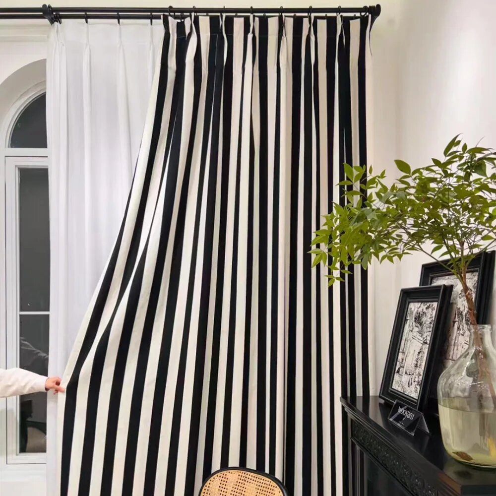 Черно-белые плотные шторы из полиэстера Ring(Gromment top), Черный, 1pc W150cmXH250cm, Black Stripe Curtain