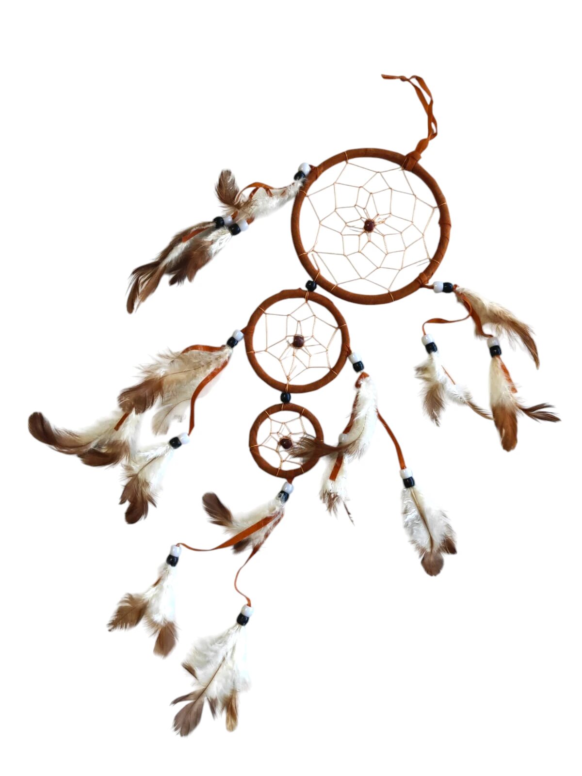 Ловец снов ТРИ коричневых круга с натуральными перьями (11 на 50 см.), 1 шт.