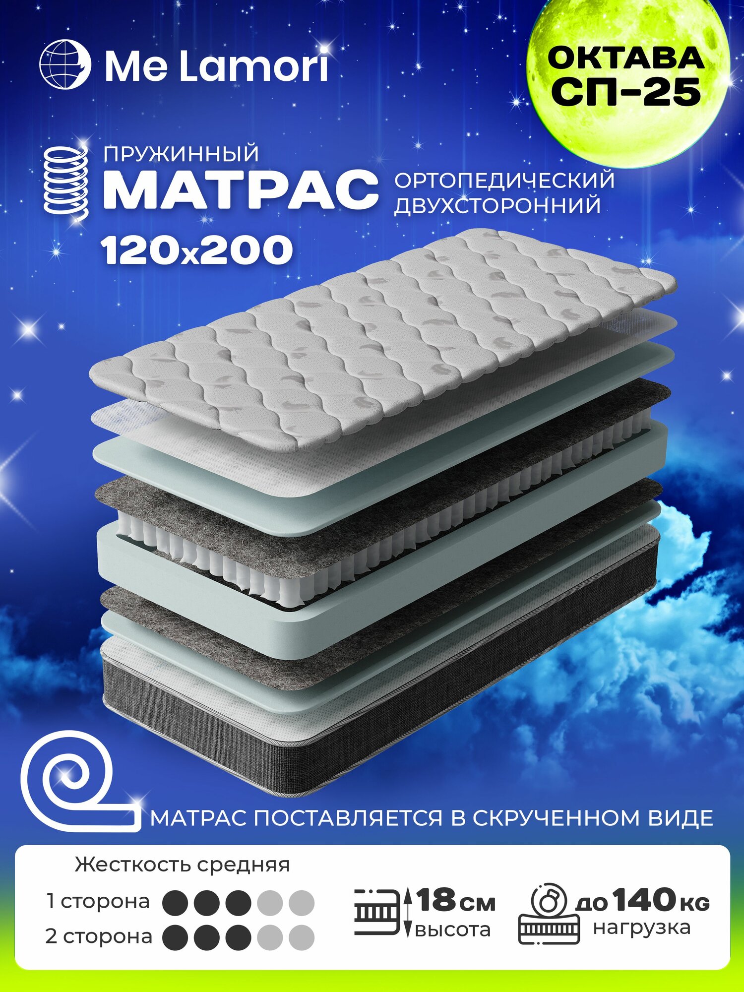 Матрас MeLamori Октава 120x200 ортопедический, TFK, средний, высота 18 см, в рулоне
