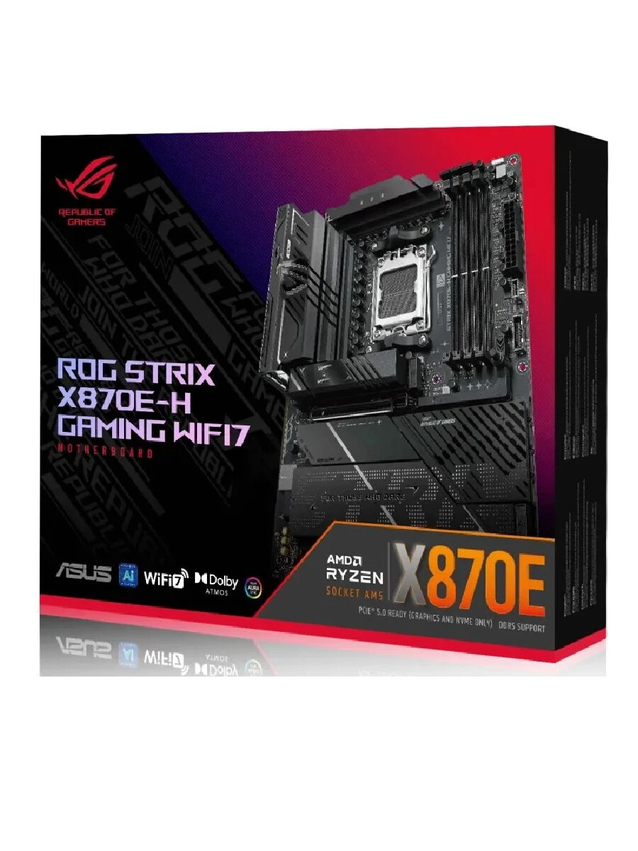 Материнская плата ASUS ROG STRIX X870E-H GAMING WIFI7, AM5, AMD X870E, 4xDDR5, 4xSATA, 4xM.2, 1xPCIe 5.0 x16, 1xPCIe 4.0 x4, 1xHDMI, 2xUSB-C 40Gbps (USB4), 1xUSB-C 10Gbps, 3xUSB-A 10Gbps, 6xUSB-A 5Gbps, 2xUSB-A 2.0, 2x3.5 мм, 7.1, ATX