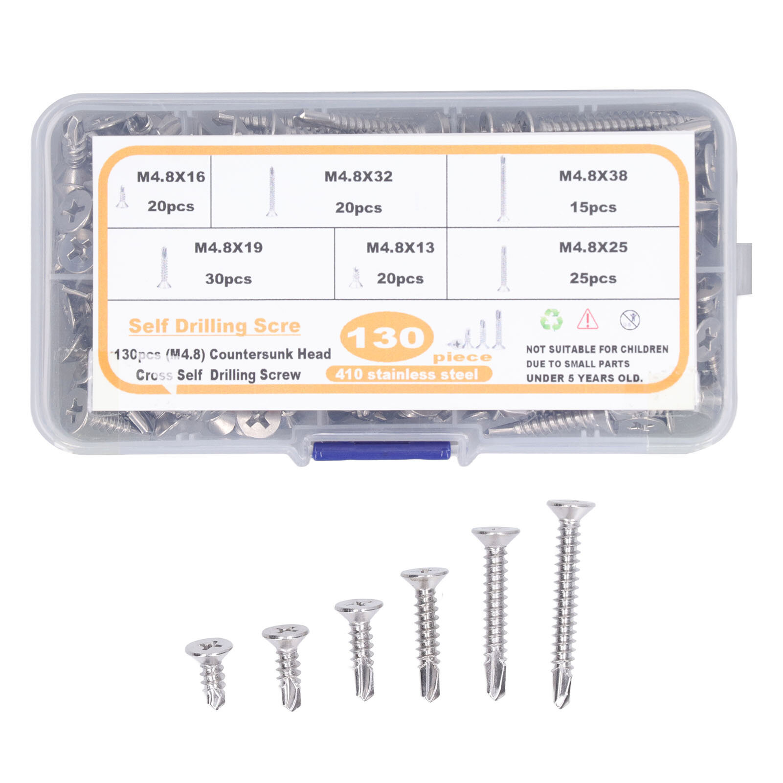 130 шт. саморезов с плоской головкой и крестообразным шлицем из нержавеющей стали M4.8, устойчивых к ржавчине, для стекловолокна
