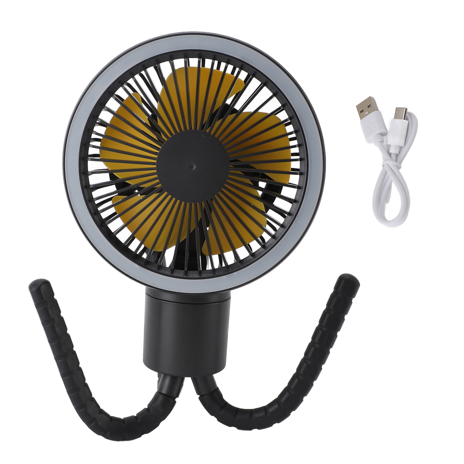 Портативный вентилятор для коляски, ручной светодиодный ночной светильник с возможностью зарядки от USB, многофункциональный гибкий штатив с зажимом на вентиляторе для улицы, черный