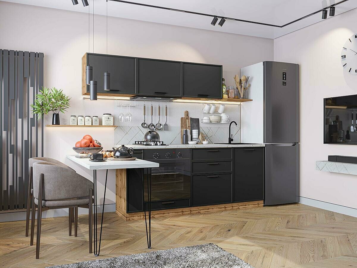 Готовый кухонный гарнитур кухня 2,3 м. без столешницы Фрейм-01 Stormy Silk, Дуб Вотан 230х178х60 см