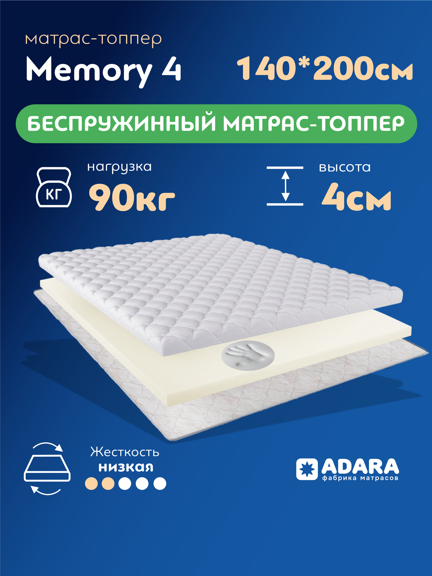 Топпер Adara Memory Foam Dreams, ортопедический, эффект памяти, 140 см x 200 см