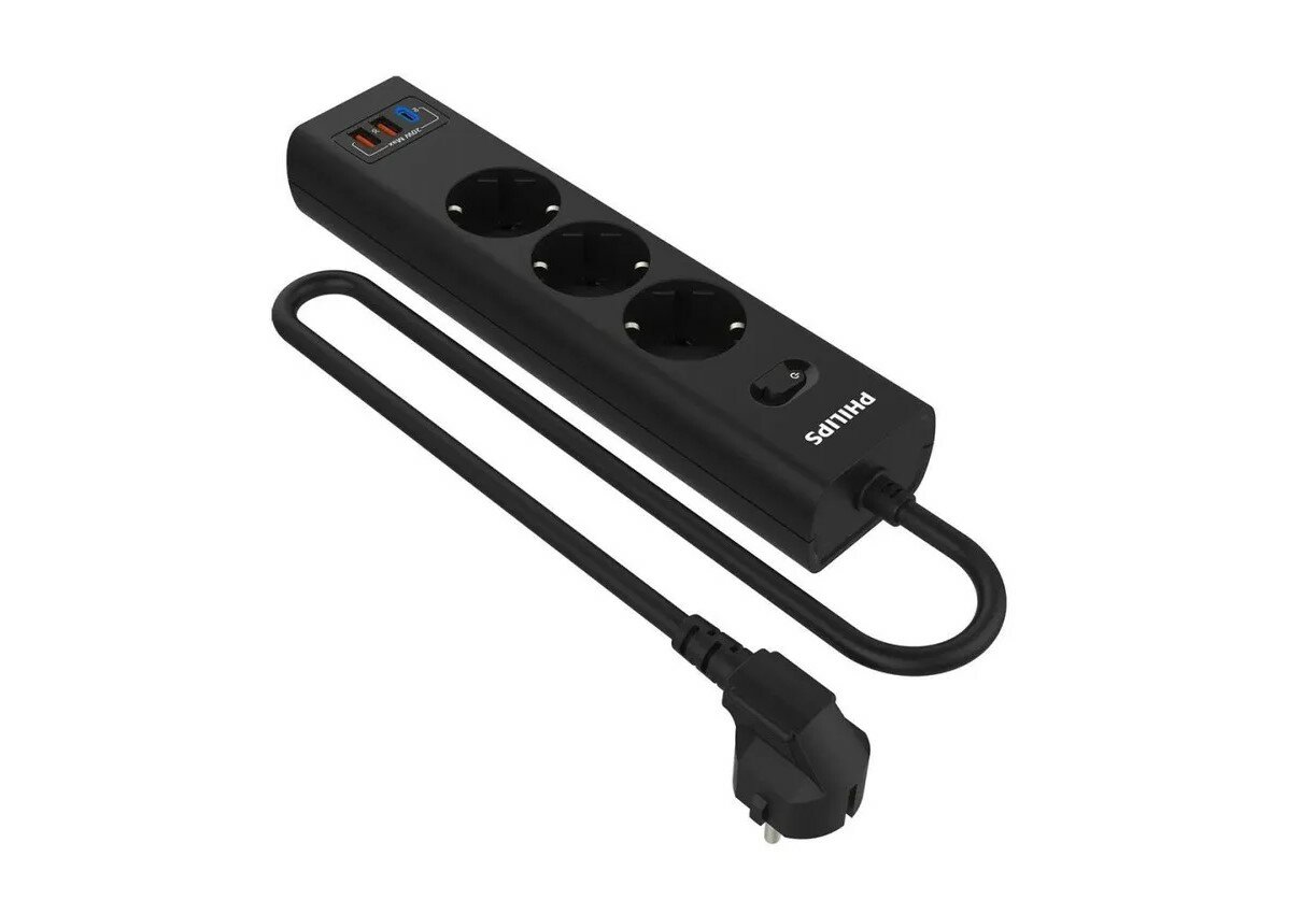 Сетевой фильтр Philips, 3 розетки, 3м, 2500Вт, 2xUSB, 1xUSB Type-C (20Вт), Черный, CHP4336BB/51