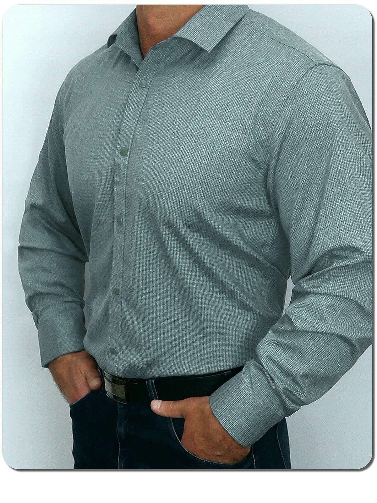 Рубашка Мужская рубашка с длинным рукавом приталенная, светлая сорочка на кнопках, рубаха на любой сезон, зеленая мелкая клетка, без карманов, на любой сезон и на лето рубашка Slim fit с приталенным кроем зау