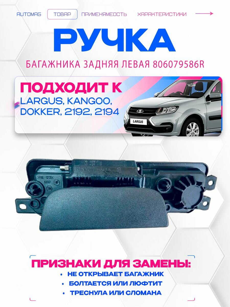 Ручка багажника левая задняя для Lada Largus 2012, Renault Kangoo III, Dacia Dokker 20122021, арт.806079586R