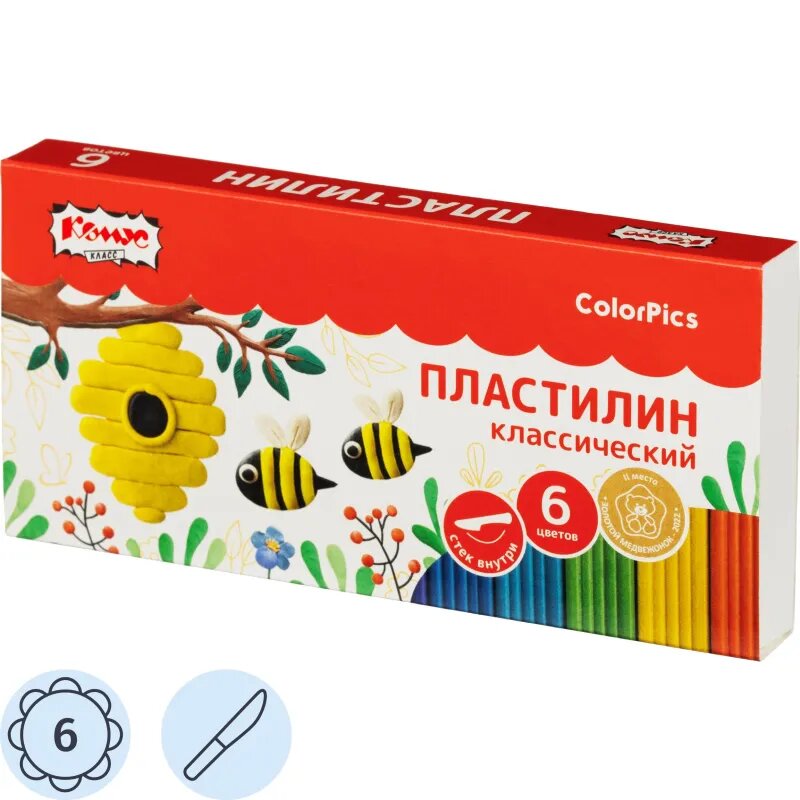 Пластилин клас. Комус Класс (№1 School) ColorPics набор 6цв 120г со стеком 1681804