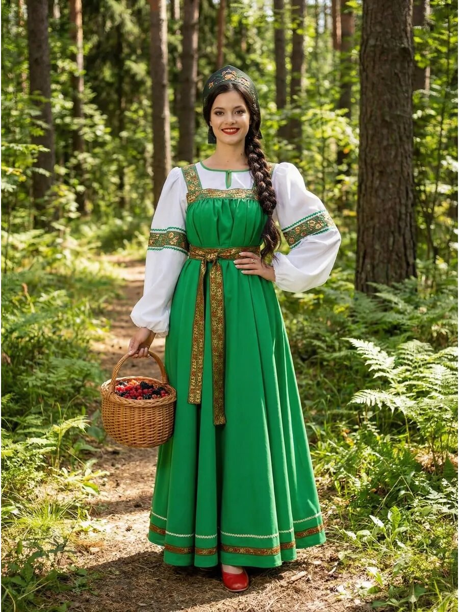 Русский народный костюм женский сарафан Вера Ягода зеленый, 48-50