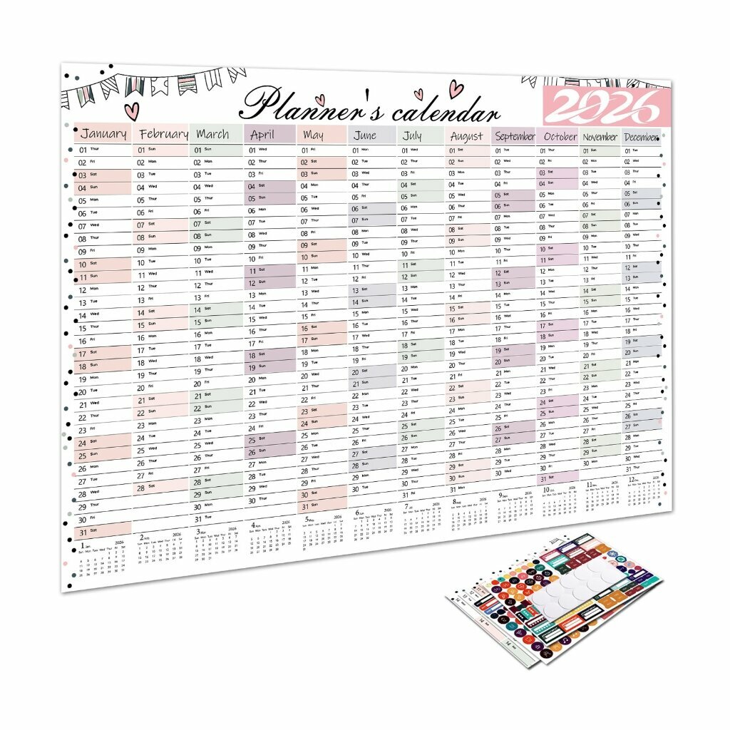 Настенный календарь на 2026 год, еженедельник в стиле плаката с наклейками, изготовленный из плотной бумаги на 12 месяцев, подходит для дома, офиса, школы, учителей и студентов.