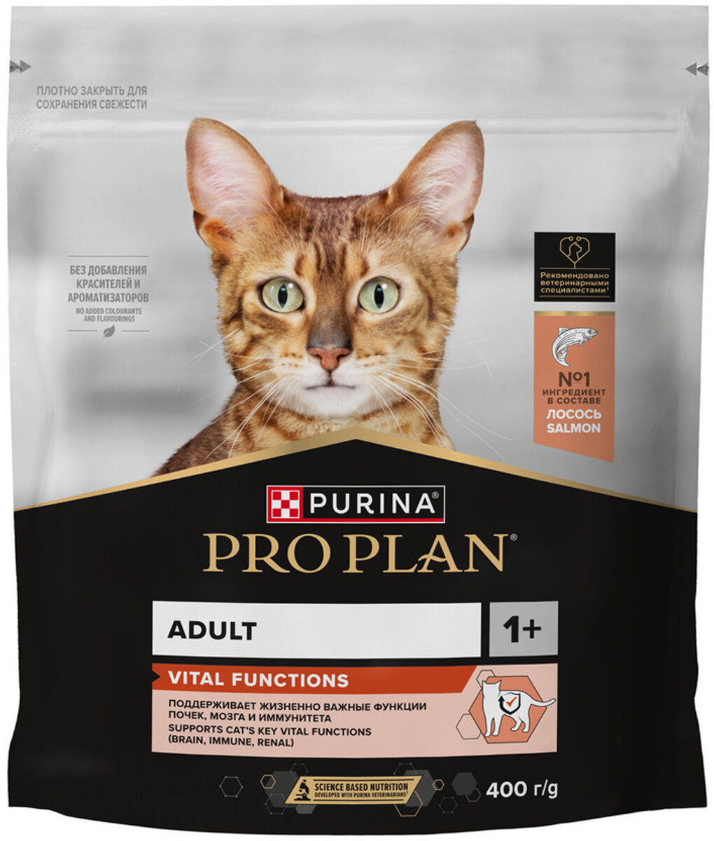 Purina Pro Plan Для взрослых кошек, поддержание органов чувств, лосось Optisenses VITAL FUNCTIONS, 400г 0.4 кг