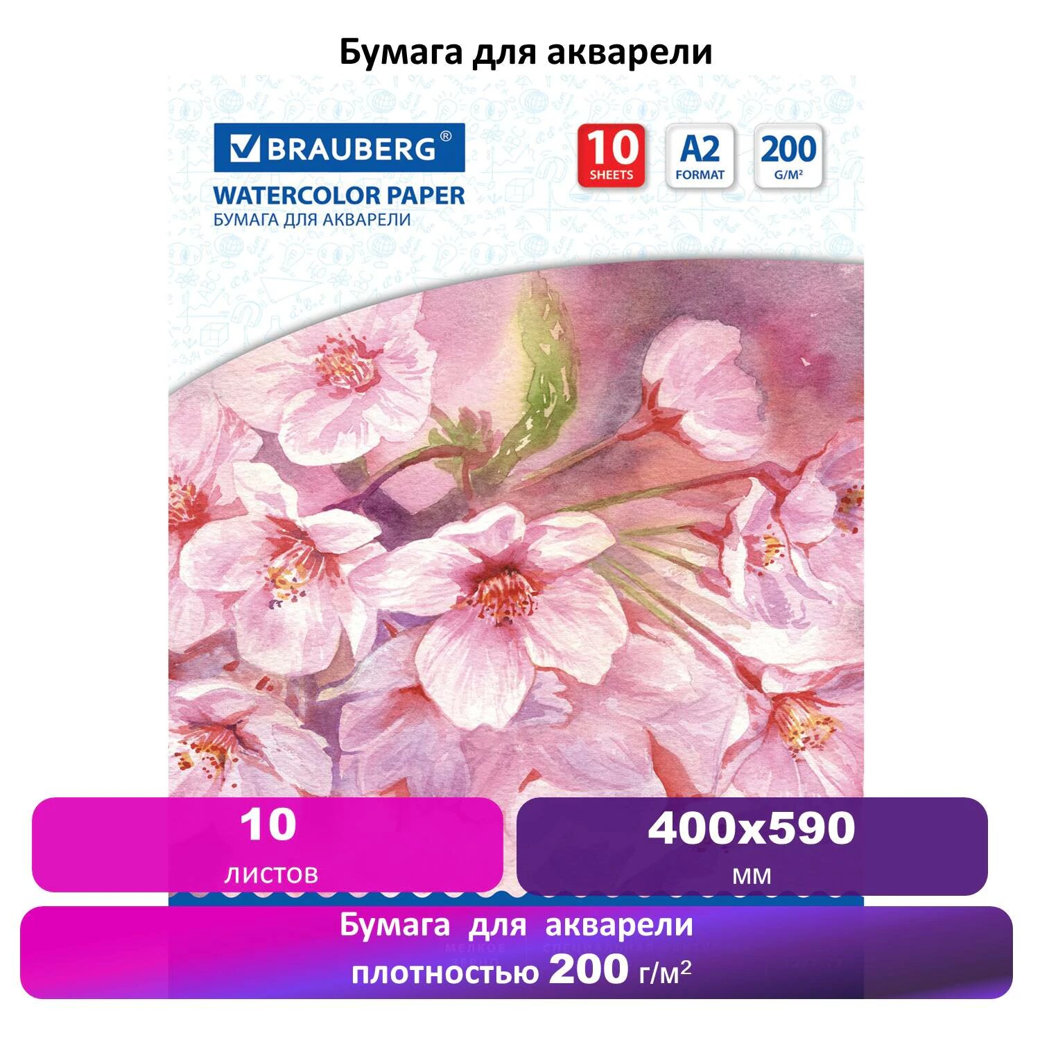 Бумага для акварели большая А2, 10 л, 200 г/м2, 400590 мм, BRAUBERG, "Цветы", 125223