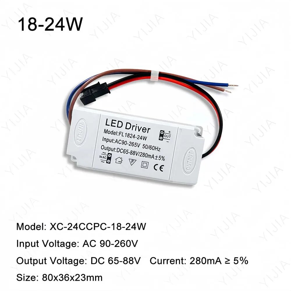LED драйвер 18-24W, 280mA, AC 90-260V, DC 65-88V
