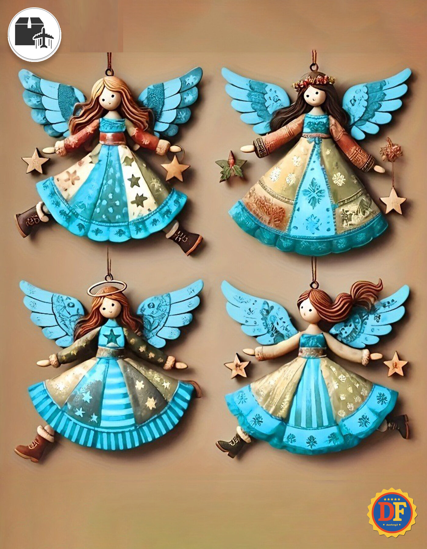 Винтажные деревянные подвески «Ангелочки» для елки — 7 дизайнов, ретро стиль, экологичный декор，Высота 8 см，4шт.