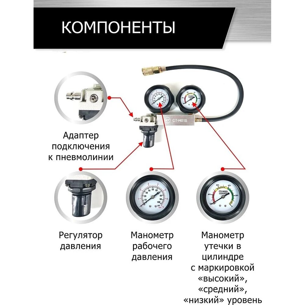 Пневмотестер Car-Tool CT-H015 стрелочный тип с резьбовым креплением, адаптерами M12 и M14, шлангом, бензин/дизель — фото 1